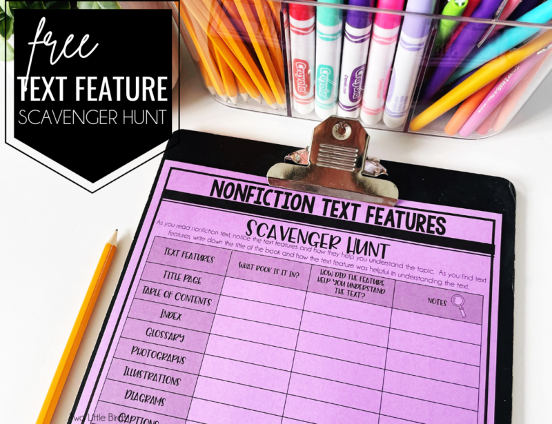 Nonfiction Text Feature Scavenger Hunt - Two Little Birds Teaching